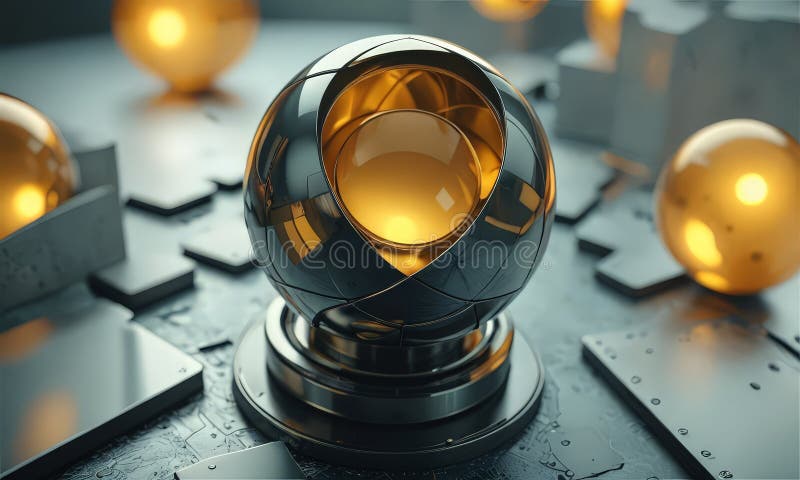 Metallic Sphere with Reflective Surface Sits on Black Base, Surrounded ...
