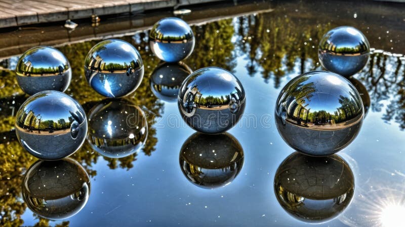 Metallic Spheres Floating on Water, Reflecting the Surrounding Trees ...
