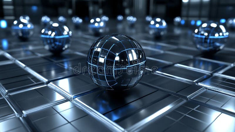 Metallic spheres on a grid stock illustration. Illustration of sphere ...