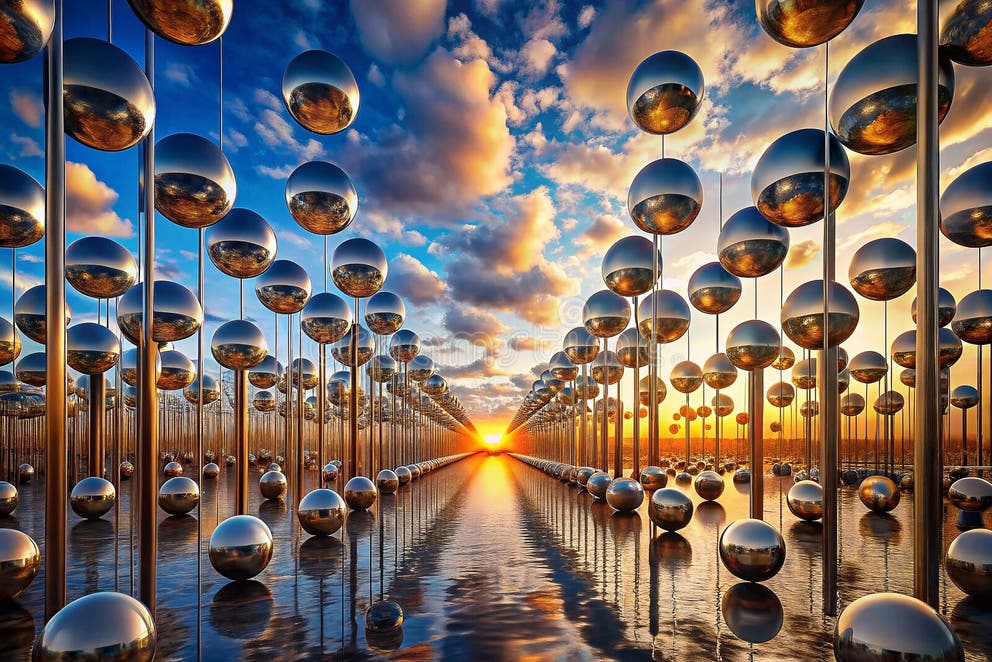 Metallic Spheres, Sunset Pathway, Reflection, Art Installation Stock ...