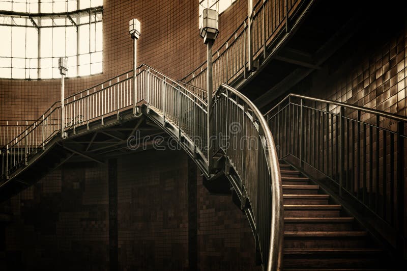 Metallic Stairways in a Factory Stock Image - Image of lights ...
