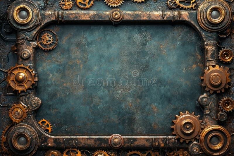 Metallic Steampunk Frame Border with Brass and Copper Gears on a Dark ...