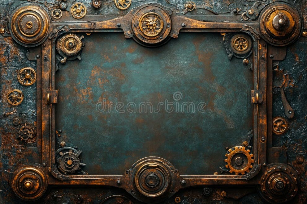 Metallic Steampunk Frame with Rotating Gears and Rusty Metal is ...