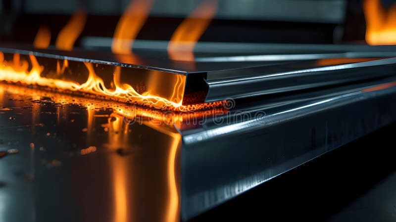 A Metallic Surface Reflecting Vibrant Flames in an Industrial Setting ...