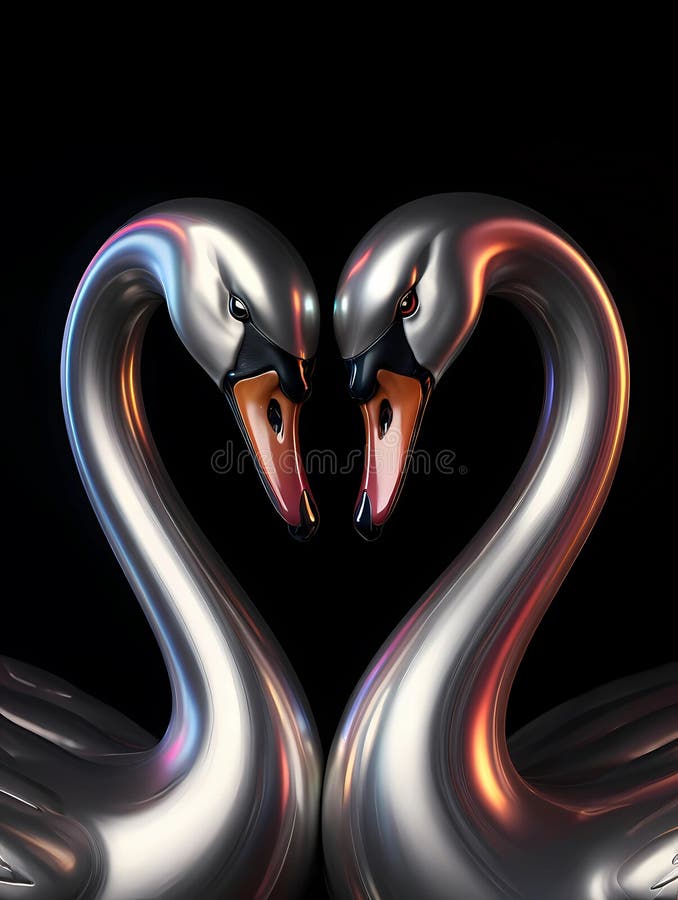 Metallic Swans Forming Heart Shape on Black Background Stock ...
