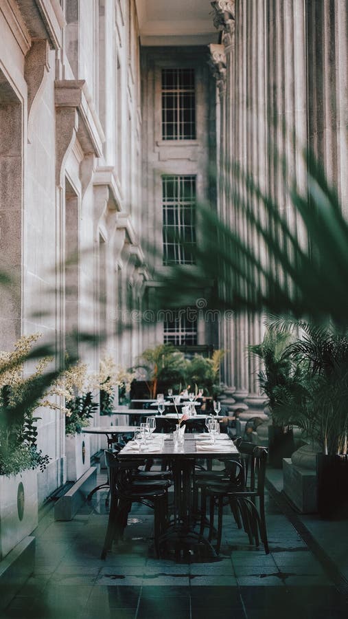 Metallic Table Decorated with Plates and Glasses and Chairs in the ...