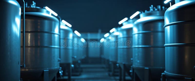 Metallic Tanks with Blue Light in Industrial Setting at Night Stock ...
