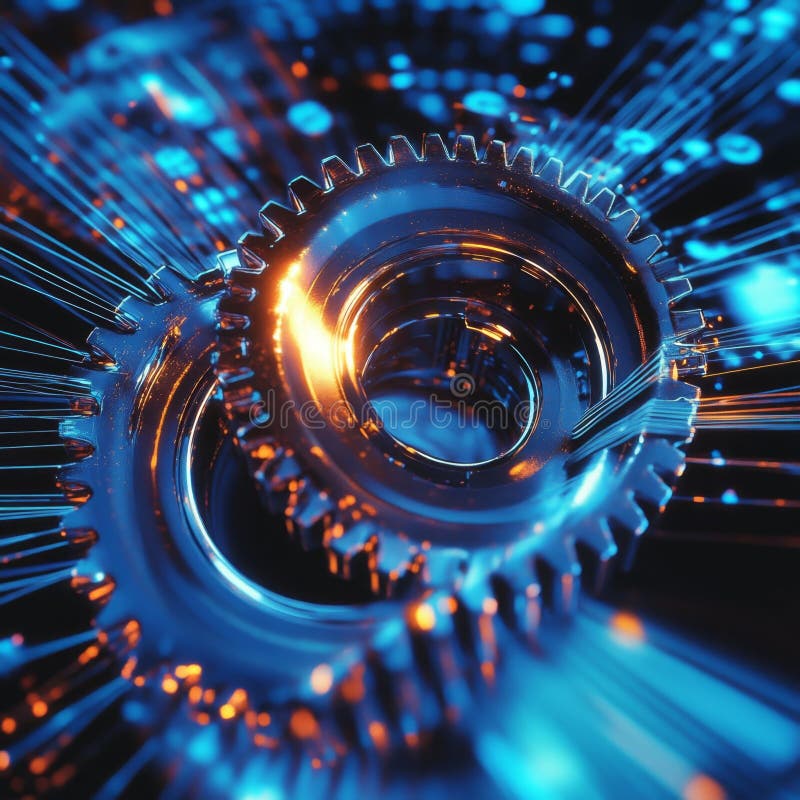 Metallic Three-Dimensional Cogwheel Icon with Vibrant Blue Background ...