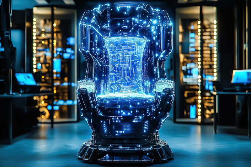 A Metallic Throne with Patterns and Blue Lights Sits in a Sleek, High-tech Room Filled with ...