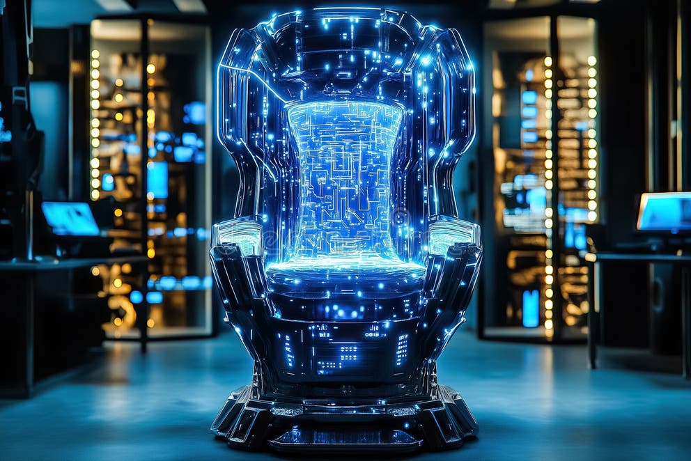 A Metallic Throne with Patterns and Blue Lights Sits in a Sleek, High ...