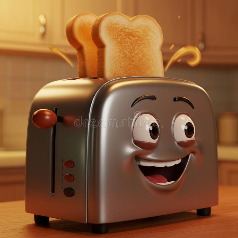 A Metallic Toaster with an Anthropomorphic Face Displays a Cheerful ...