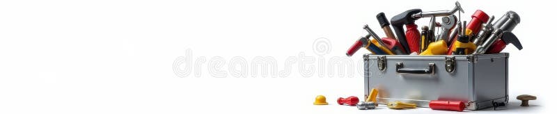 Metallic Toolbox Overflowing with Tools, White Backdrop, Building, DIY ...