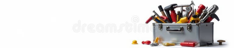 Metallic Toolbox Overflowing with Tools, White Backdrop, Building, DIY ...