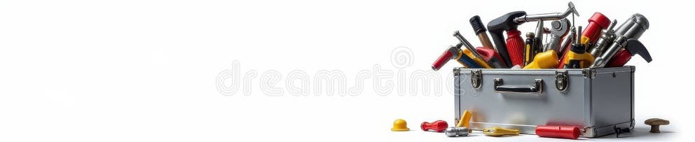 Metallic Toolbox Overflowing with Tools, White Backdrop, Building, DIY ...