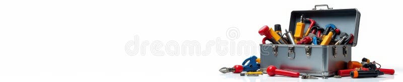 Metallic Toolbox Overflowing with Tools, White Backdrop, Maintenance ...