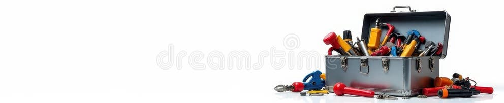 Metallic Toolbox Overflowing with Tools, White Backdrop, Maintenance ...