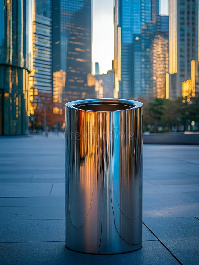 A Metallic Trash Can in a Modern Cityscape Setting. Stock Photo - Image ...