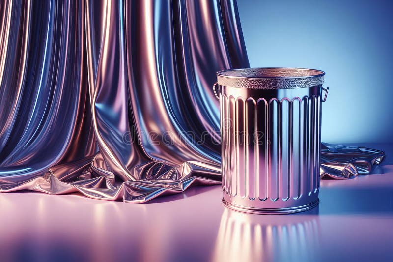 Metallic Trash Can Placed on Soft Purple Surface with a Draped, Glossy ...