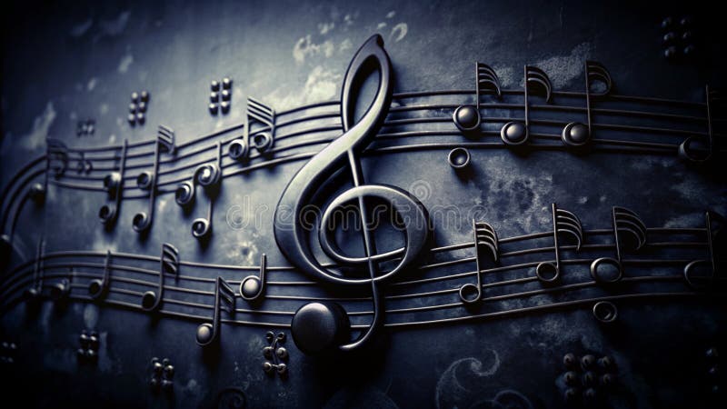 A Metallic Treble Clef and Musical Notes on a Dark Background, Creating ...
