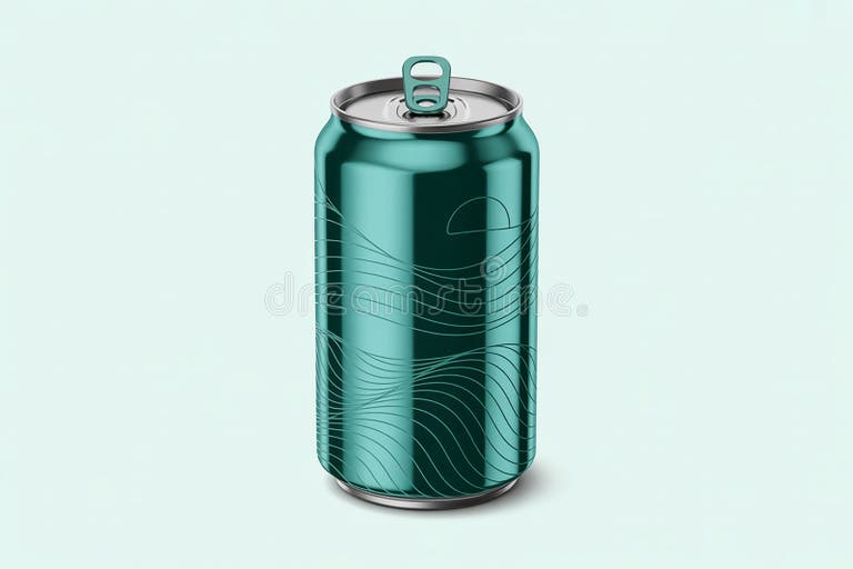 A Metallic Turquoise Can with Wave Patterns, Glossy Finish, and Silver ...