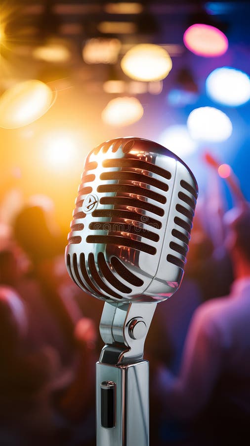 Metallic Vintage Microphone Glowing Under Stage Lights, Lively ...