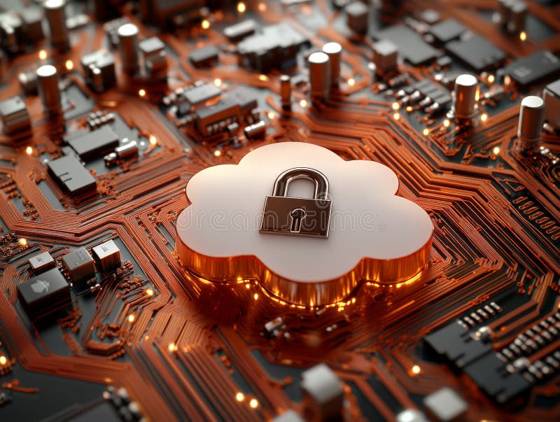 Metallic White Cloud Lock on a Glowing Circuit Surface, Emphasizing ...