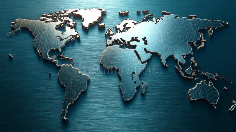 Metallic World Map on Blue Textured Background Stock Illustration ...