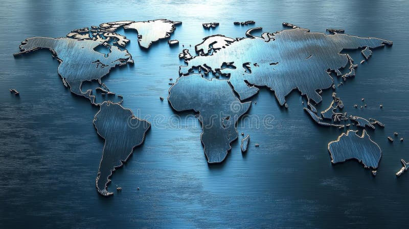 Metallic World Map on Dark Blue Background Stock Illustration ...