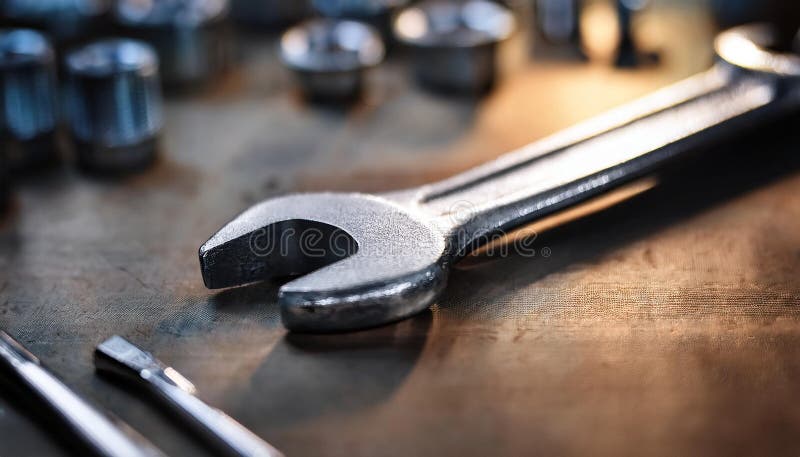 Metallic Wrench on Workbench. Working Tool Stock Illustration ...