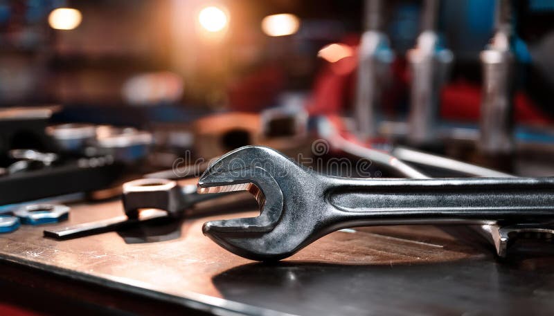 Metallic Wrench on Workbench. Working Tool Stock Illustration ...