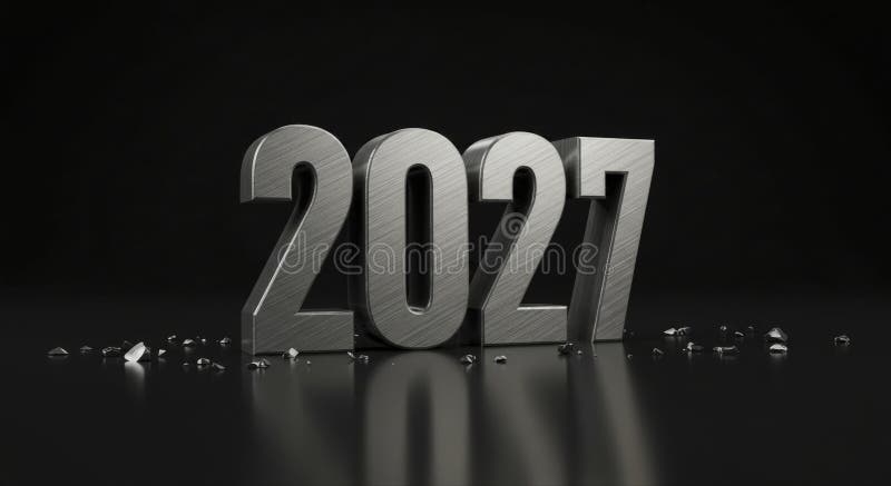 Metallic Year 2027 Breaking on Dark Background with Sharp Fragments ...