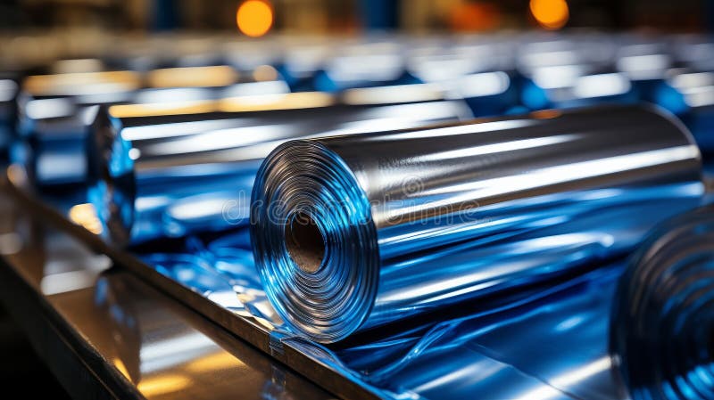 Metallurgical Production. Large Rolls of Shiny Aluminu. Generative AI ...