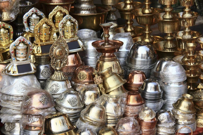 Metalware sold in Nepal stock image. Image of buddhism - 37599727