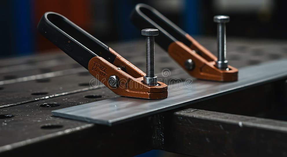 Metalwork T Clamps Securing Flat Bar on a Metal Work Bench Stock ...