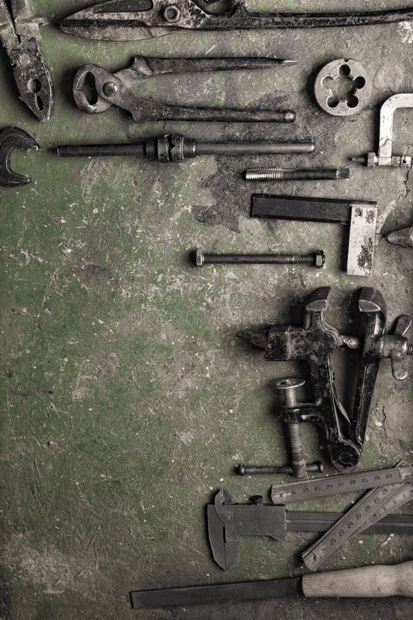 Metalwork Tools Grungy Old on Stained Table, Work Background Processing ...