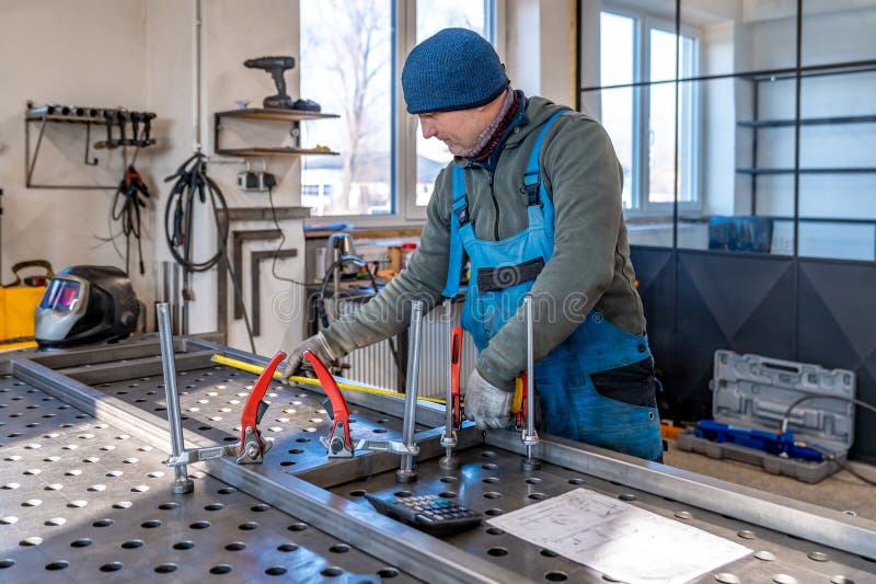 Metalworker Measuring and Clamping Metal Frame on Welding Table in ...