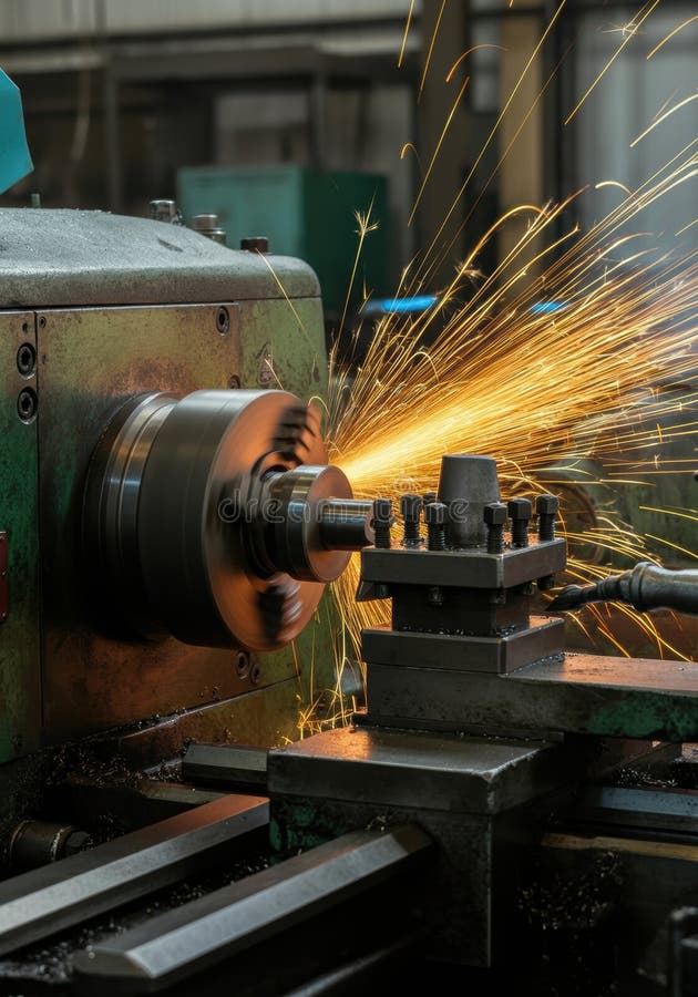 Metalworking Machine Producing Sparks during a Machining Process Stock ...
