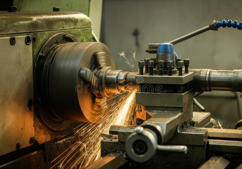 Metalworking Process with a Lathe Machine Creating Sparks and Precision ...