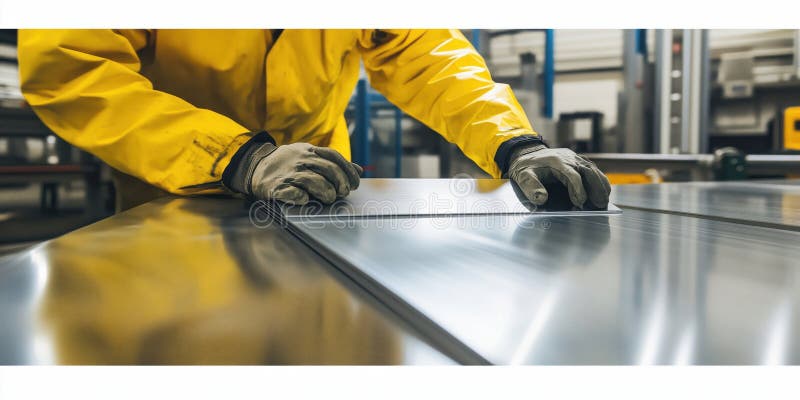 Metalworking Process: Worker in Yellow Jacket Measuring Metal Sheet on ...