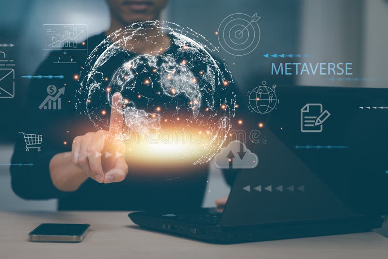 Metaverse with Business Concept, Man Using Computer and Touch Virtual ...