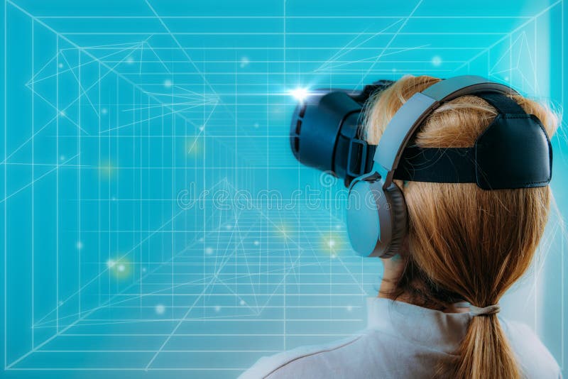 Metaverse Concept. Woman with VR Headset Interacting with Artificial ...