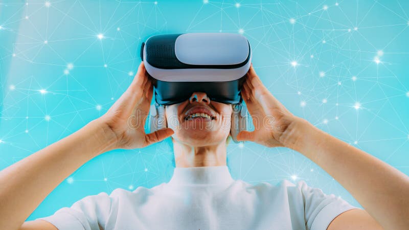 Metaverse Concept. Woman with VR Headset Interacting with Artificial ...