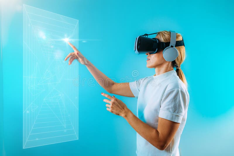 Metaverse Concept. Woman with VR Headset Touching Digital, Interactive ...