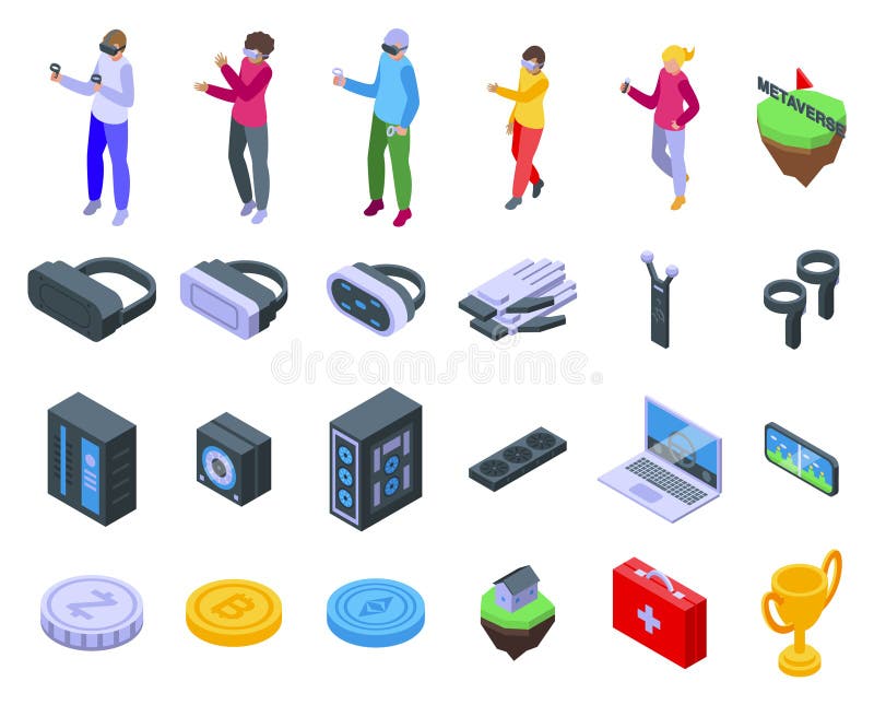Metaverse Game P2e Icons Set Isometric Vector. Vr Man Play Stock Vector ...