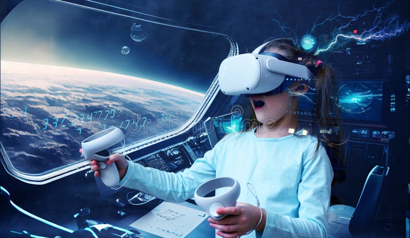 Metaverse and Kid Concept, Child Using Virtual Reality Headset in Space ...