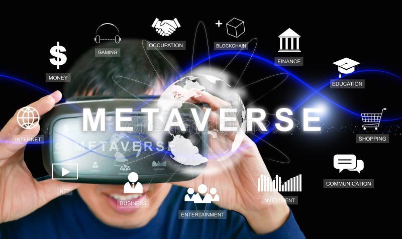 Metaverse. a Man Wearing VR Glasses Enters Metaverse through a Goggle ...