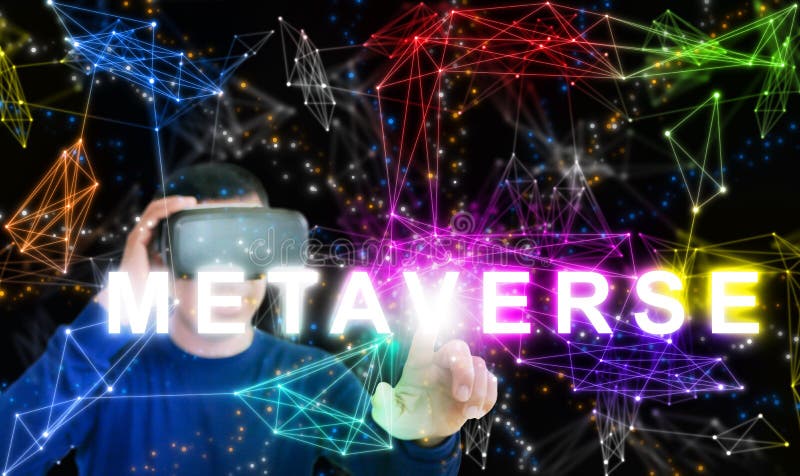 Metaverse. a Man Wearing VR Glasses Enters the Metaverse through a ...