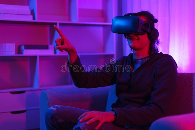 Metaverse Technology Concept, Man Wear VR Goggles and Pointing To Touch ...