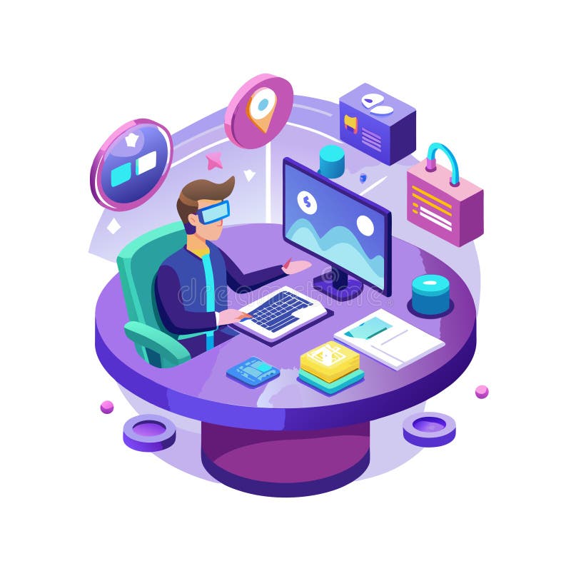 Metaverse User Working Isometric Illustration in Purple Theme Stock ...