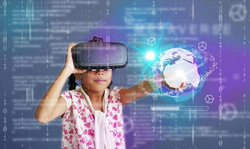 Metaverse and Virtual Reality Technology. a Girl with Her VR Glasses is Access an Augmented ...
